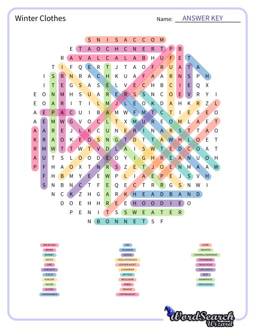 Word Search Puzzle - Winter Clothes